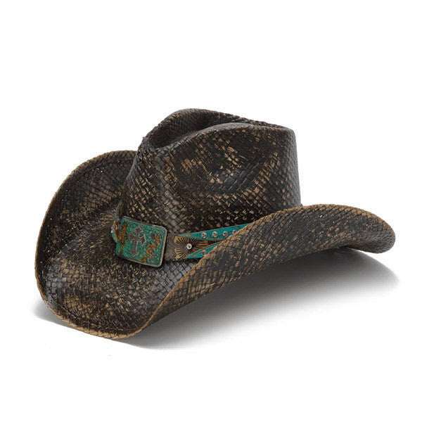 Stampede Hats | Distressed Black Cowboy Hat with Turquoise Band and Rhinestones | Hats Unlimited